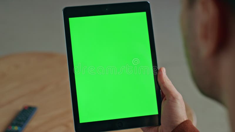 Guy Finger Touching Greenscreen Tablet at Office Room. Man Using Chroma ...