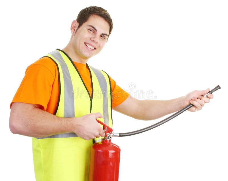 Guy with fire extinguisher stock photo. Image of construction - 21990468