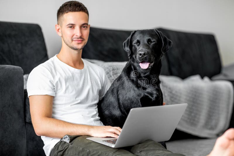 Guy Freelancer with His Dog Labrador Playing at Home Stock Image ...