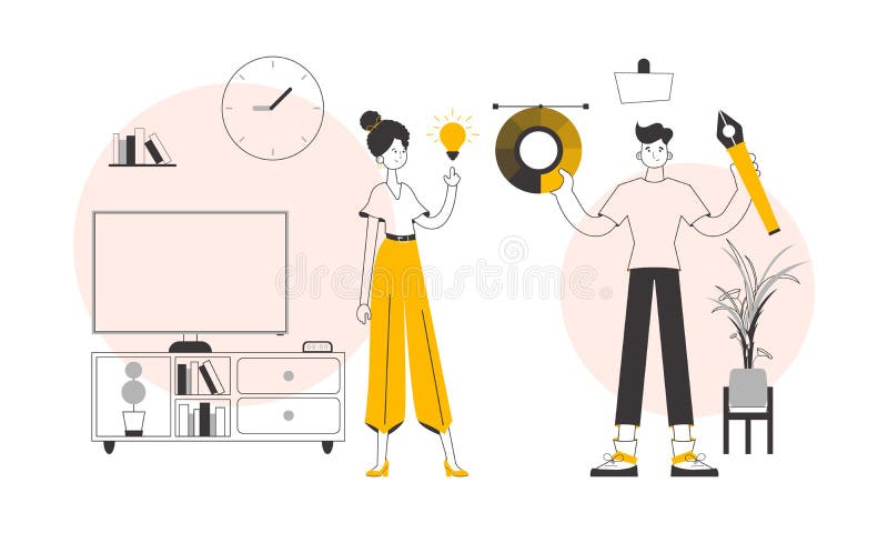 Guy And Girl Designers Linear Style Vector Illustration Stock Vector Illustration Of