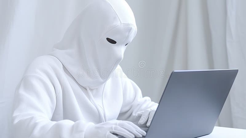 Hacker Sits in Front of Monitors. Anonymous Hooded Back View. Hacker ...