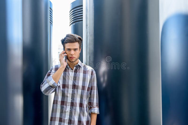 Guy Has Serious Conversation by Telephone Stock Photo - Image of ...