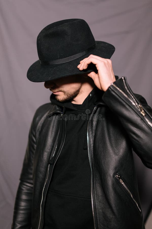 Guy in a Hat and Leather Jacket Stock Image - Image of caucasian ...