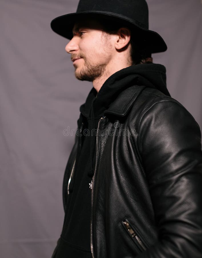 Guy in a Hat and Leather Jacket Stock Image - Image of leather, black ...