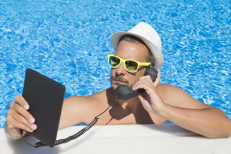 Guy Having a Call from a Swimming Pool Stock Photo - Image of business ...