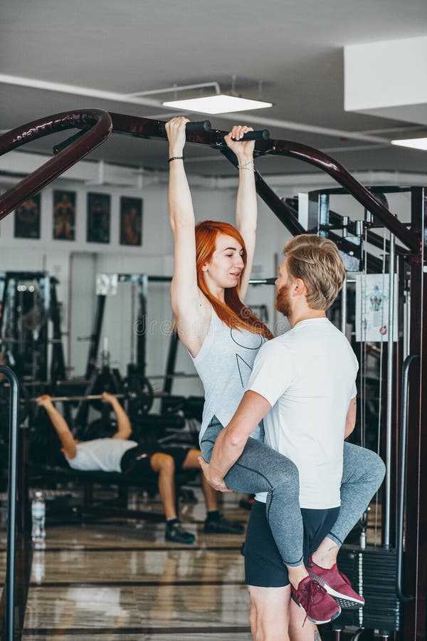 Guy Hepl Girlfriend on Training in Gym Stock Image - Image of female ...