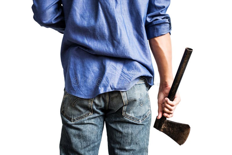 A Guy Holding Old Rusty Axe, Close Up Front View, Isolated on White ...