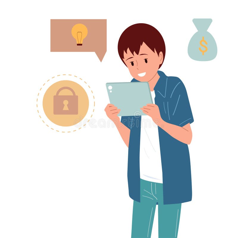 The Guy is Holding a Tablet. Emotions. Vector, Flat. Stock Vector ...