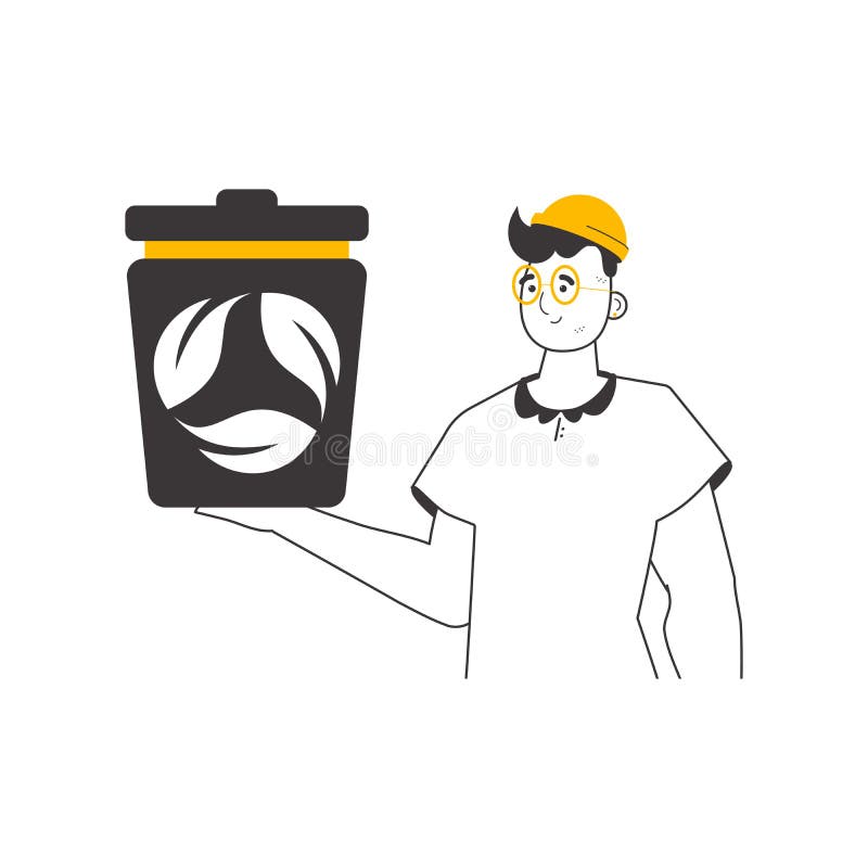 The Guy is Holding a Trash Can. Waste Recycling Concept. Linear Trendy ...
