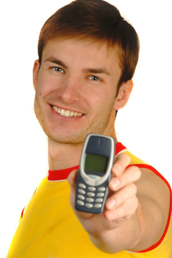 Guy holds mobile phone stock image. Image of chat, business - 2321587