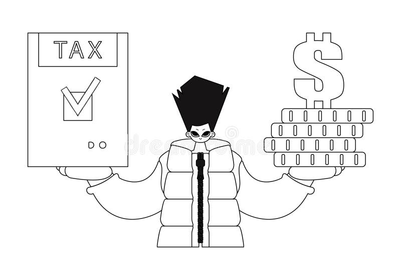 Guy Holds Tax Return and Stack Coins in Hands. Vector Illustration ...