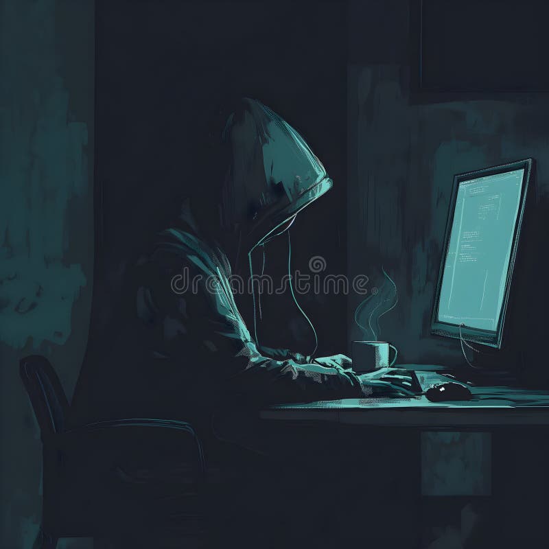 Guy in Hoodie at PC Monitor. Hacker in Dark Room. Coder Writes Code ...