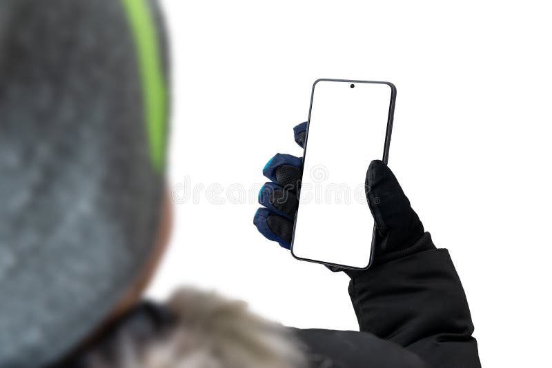Guy in a Jacket with a Cap and Gloves is Holding a Mobile Phone Stock ...