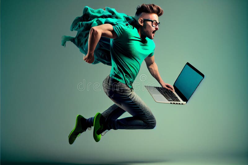 Guy Jumping Going Using Laptop Isolated Over Bright Blue Color ...