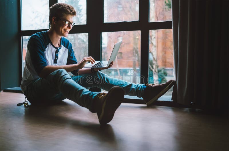 Guy with Laptop Sits on the Floor at Home Stock Photo - Image of ... Guy with Laptop Sits on the Floor at Home Stock Photo - Image of ...