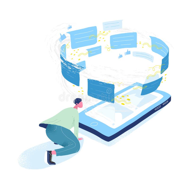 Guy Looking at Giant Mobile Phone and Tornado of Messages. Concept of ...