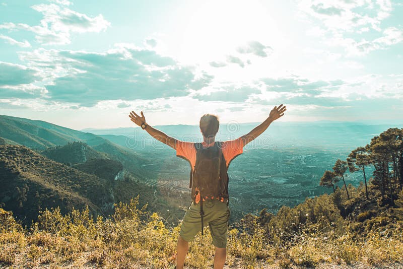Guy Looking at a Landscape from a Mountain Stock Image - Image of ...