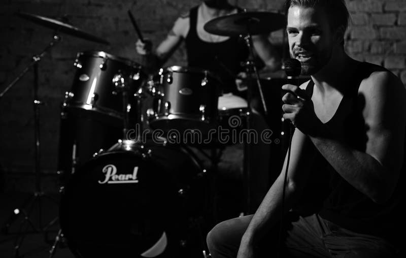 Guy With Microphone Sings In Studio Or Bar. Stock Image - Image of beat ...