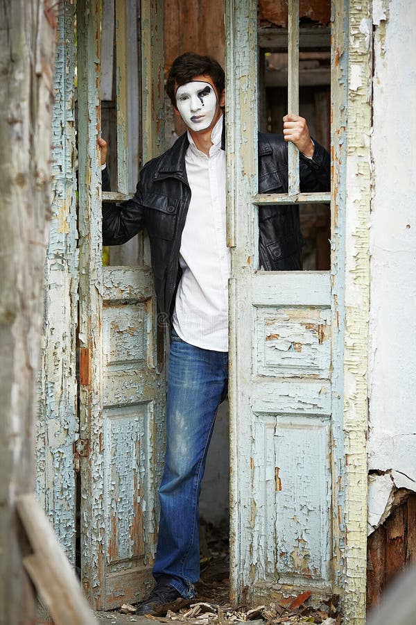 Guy Mime Against the Old Wooden Door. Stock Photo - Image of ...