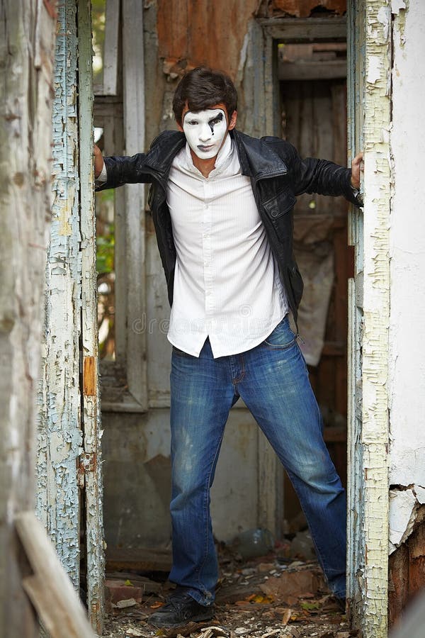 Guy Mime Against the Old Wooden Door. Stock Image - Image of frame ...