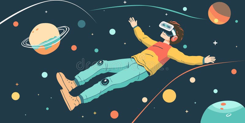 A Guy in Outer Space Wearing VR Glasses. Metaverse Digital Virtual ...