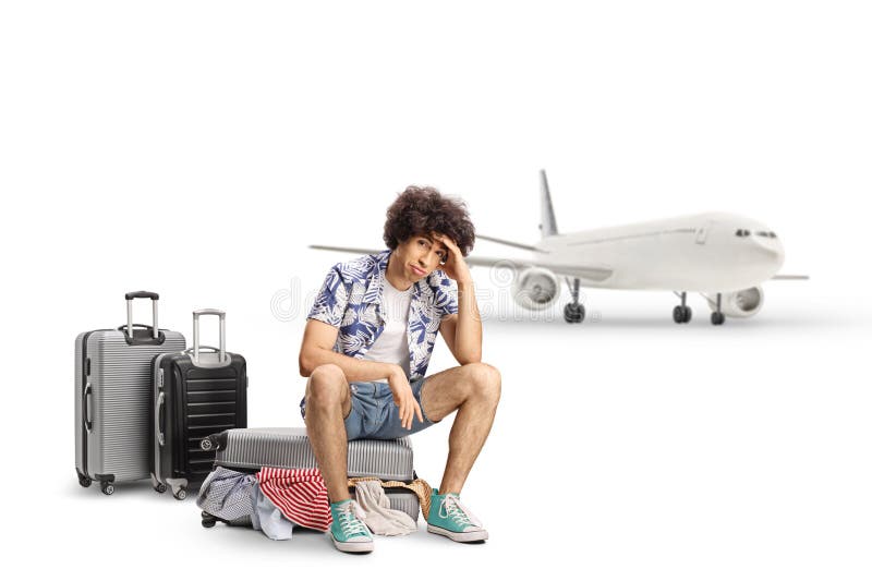 Guy with Overpacked Suitcases Waiting for a Delayed Flight Stock Image ...