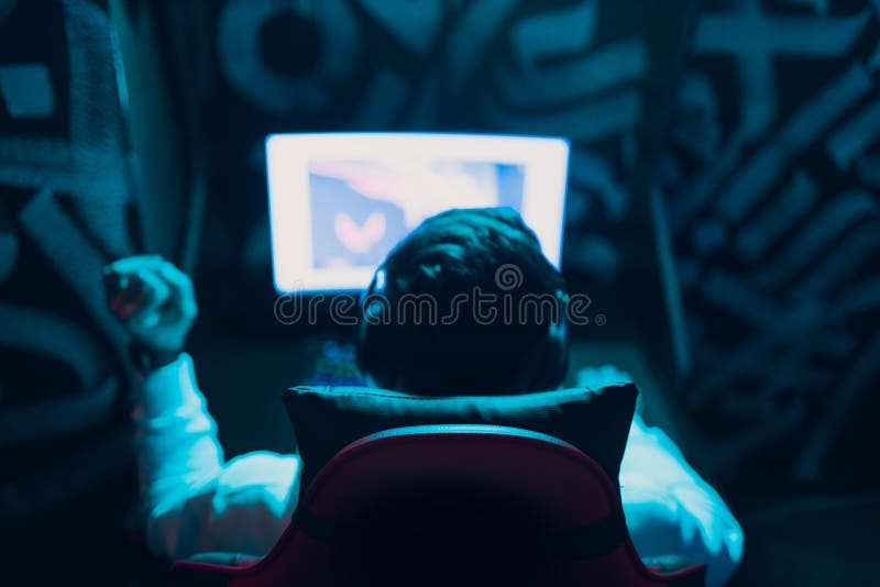 Guy Playing Gaming Game on Computer at Game Club Stock Photo - Image of ...