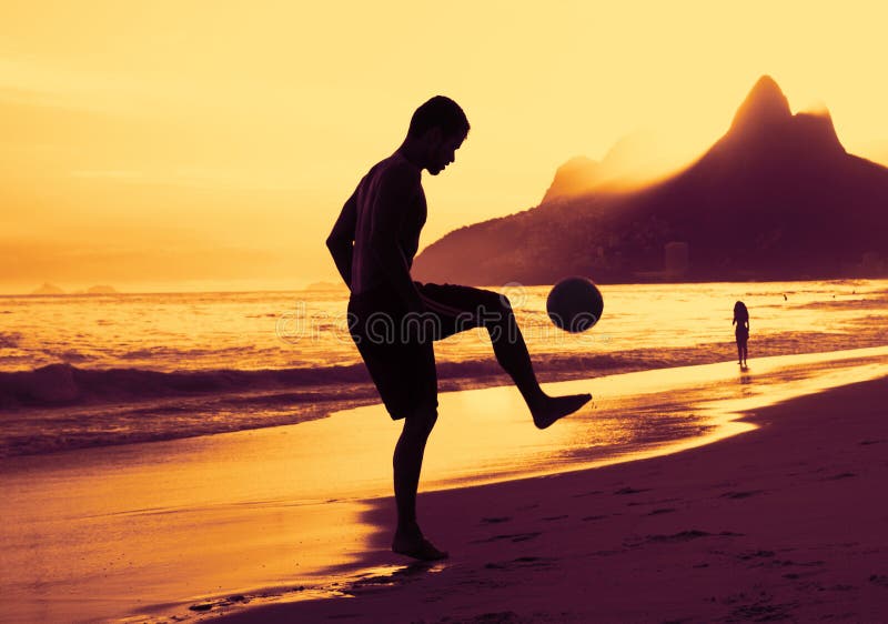 Guy Playing Soccer at Beach at Rio at Sunset Stock Image - Image of ...