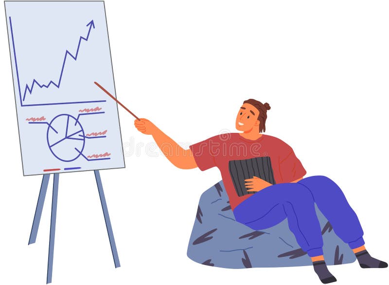 Guy Points To Bar Chart Graphic Report on Flipchart. Man Showing ...