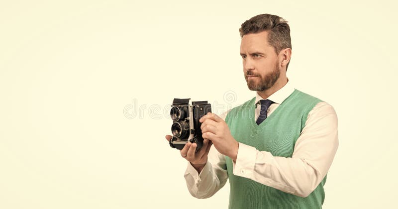 Guy Presenting Product of Retro Camera Isolated on White Backdrop, Copy ...