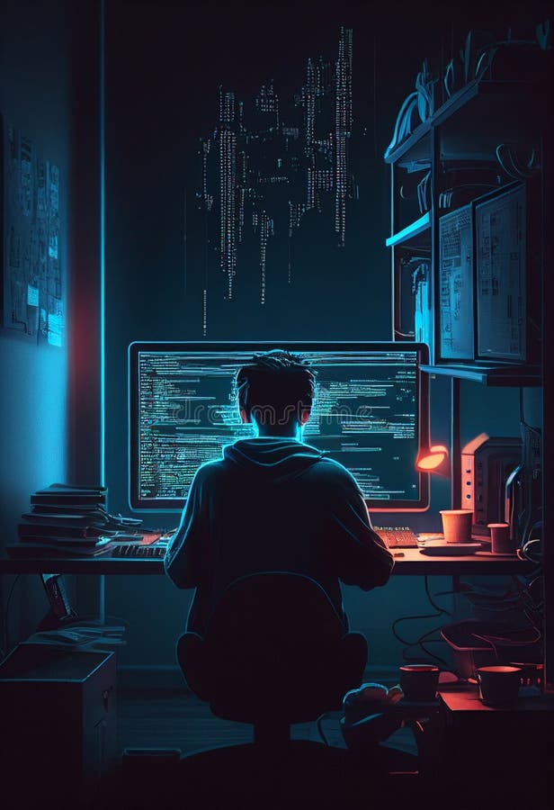 Guy Programmer Sits at a Computer in Dimmed Light. AI Generated Stock ...