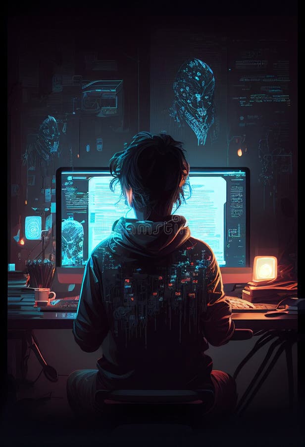 Guy Programmer Sits at a Computer in Dimmed Light. AI Generated Stock ...