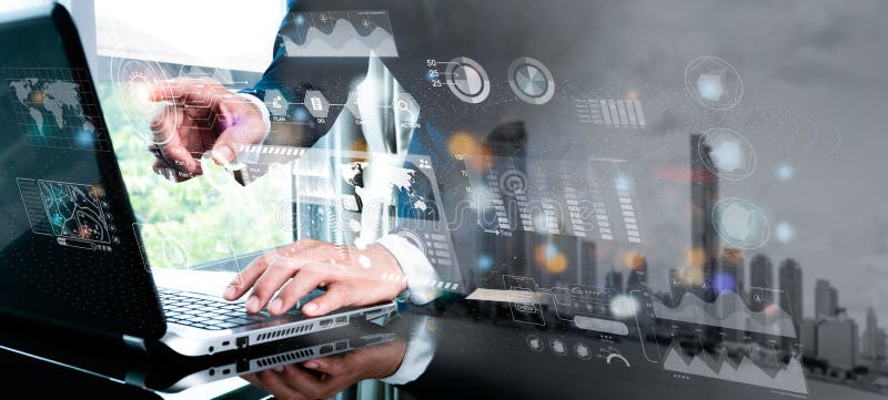 A Guy Programmer Uses a Laptop To Evaluate and Produce Data on a Future Virtual Interface Screen ...