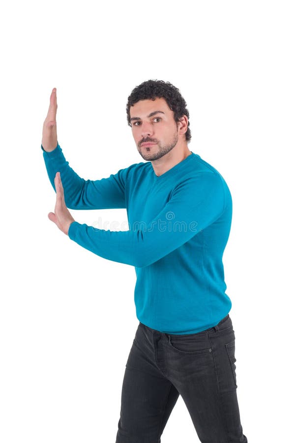 Guy pushing invisible wall stock image. Image of studio - 39315533