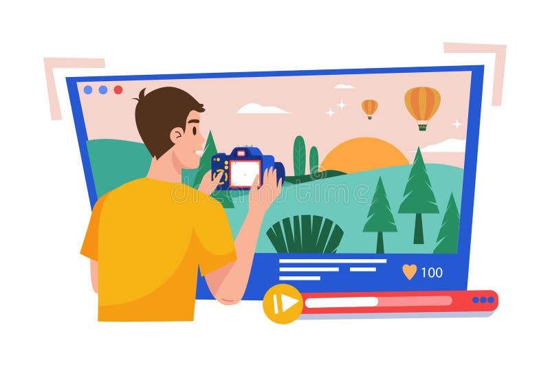 Guy Recording Vlog Video on a Camera Illustration Concept on White ...