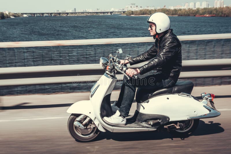 Guy on scooter stock image. Image of mobility, bike, black - 97091569