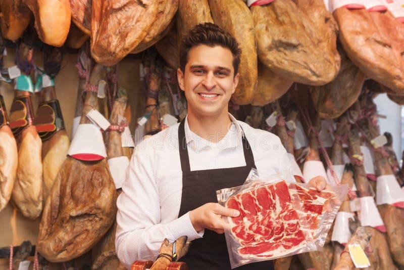 Guy in a shop jamon stock image. Image of city, iberian - 67494655