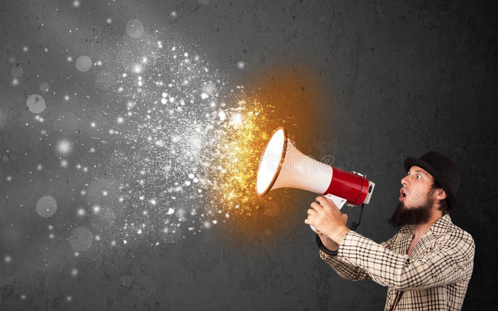 Guy Shouting into Megaphone and Glowing Energy Particles Explode Stock ...