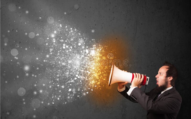 Guy Shouting into Megaphone and Glowing Energy Particles Explode Stock ...