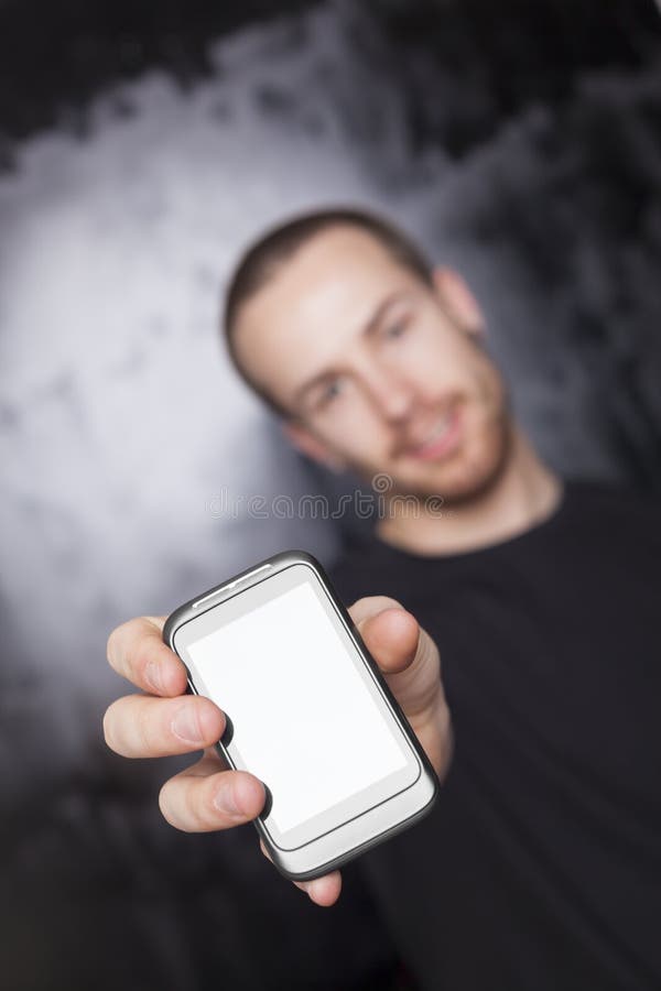 Happy Black Guy Holding Smartphone with Blank Screen Stock Image ...
