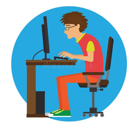 The Guy is Sitting at the Computer. Vector. Stock Vector - Illustration ...