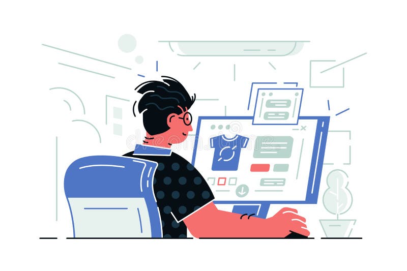 Guy sitting at computer stock vector. Illustration of computer - 161595074