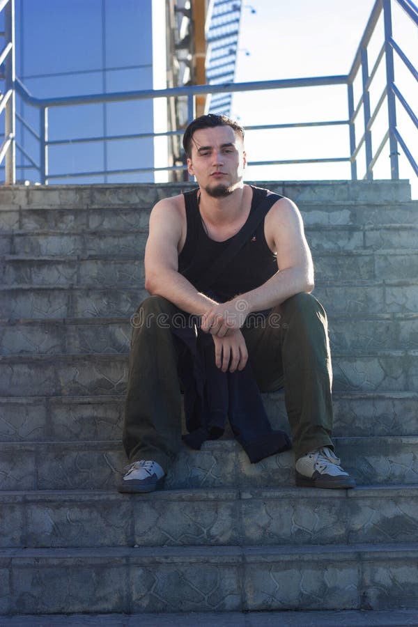 The Guy is Sitting on the Stairs Stock Photo - Image of outside, people ...
