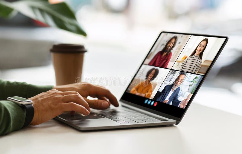 Guy Using Laptop for Video Conference Meeting at Cafe Stock Image ...