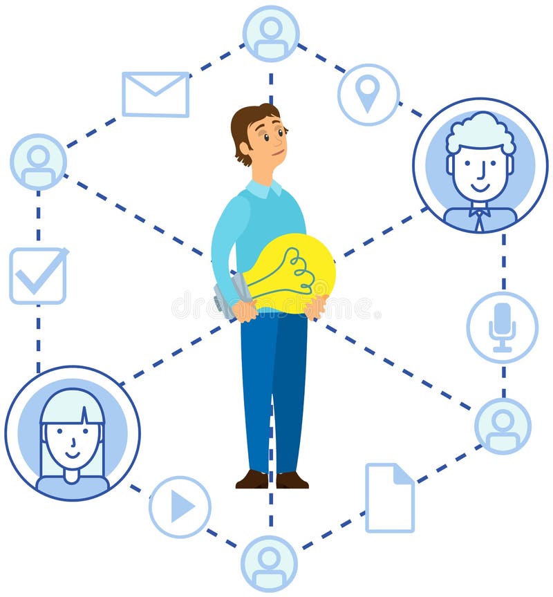 Guy Sorrounded by User Profiles in Network. Man Using Worldwide ...