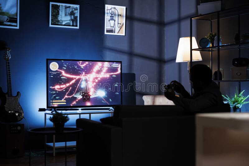 Guy Spends Time on Tv Playing Multiplayer Video Games Stock Photo ...