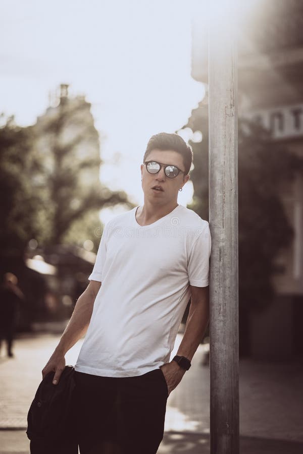 Guy Stand on the City Street, Look Camera and Around Stock Photo ...