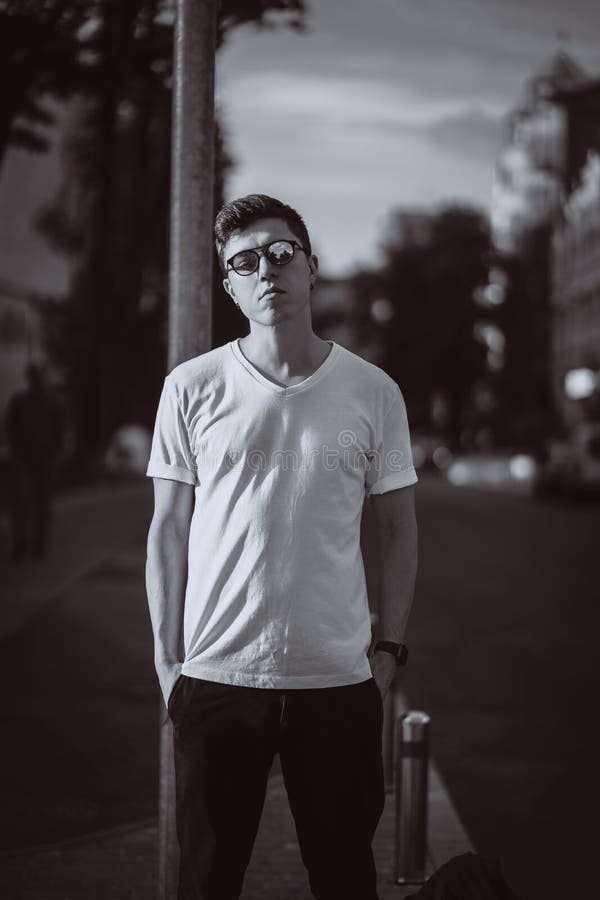 Guy Stand on the City Street, Look Camera and Around Stock Photo ...