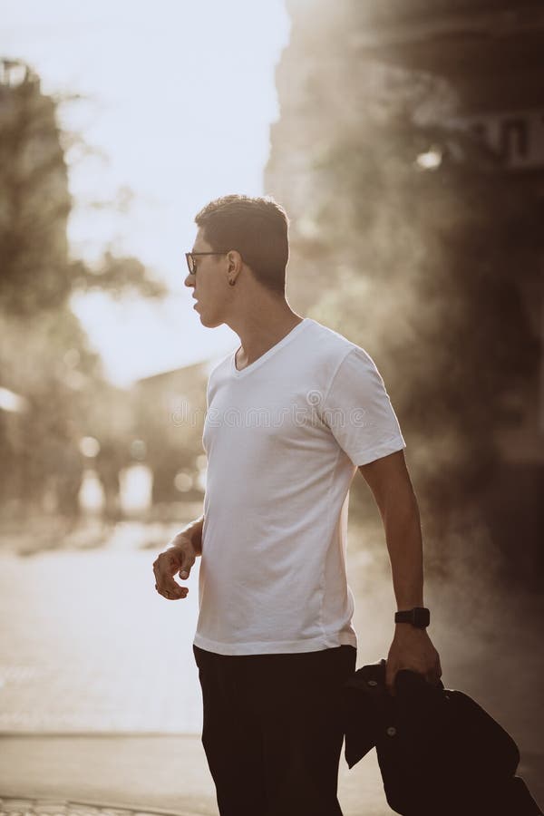Guy Stand on the City Street, Look Camera and Around Stock Photo ...