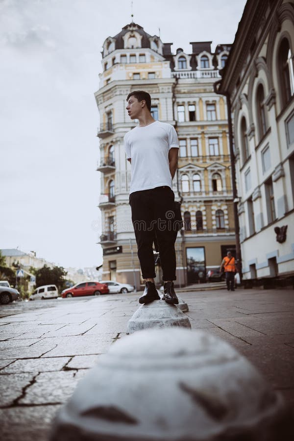 Guy Stand on the City Street, Look Camera and Around Stock Image ...